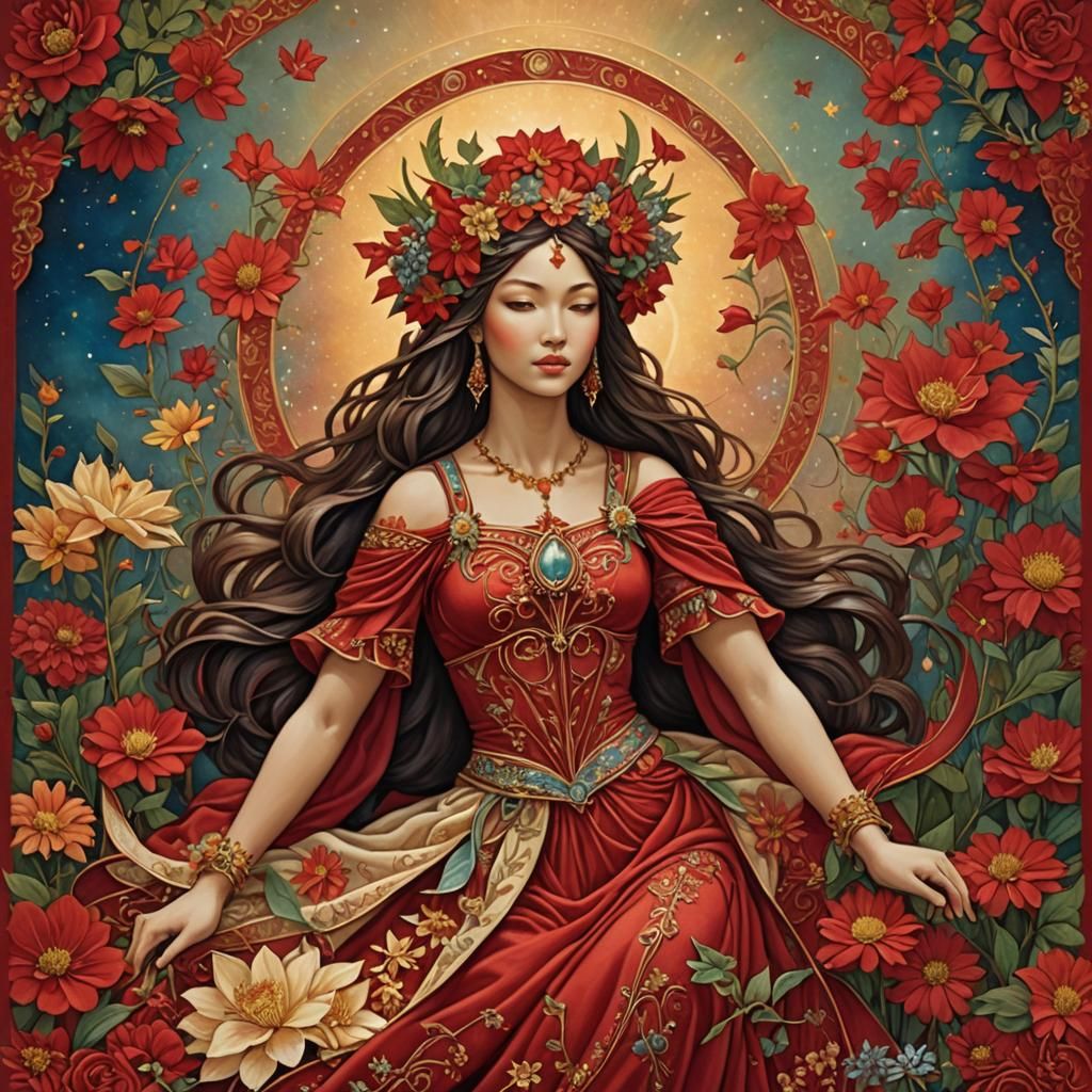 Sagittarius Red goddess, dressed in flowers, by Amanda Sage in ...