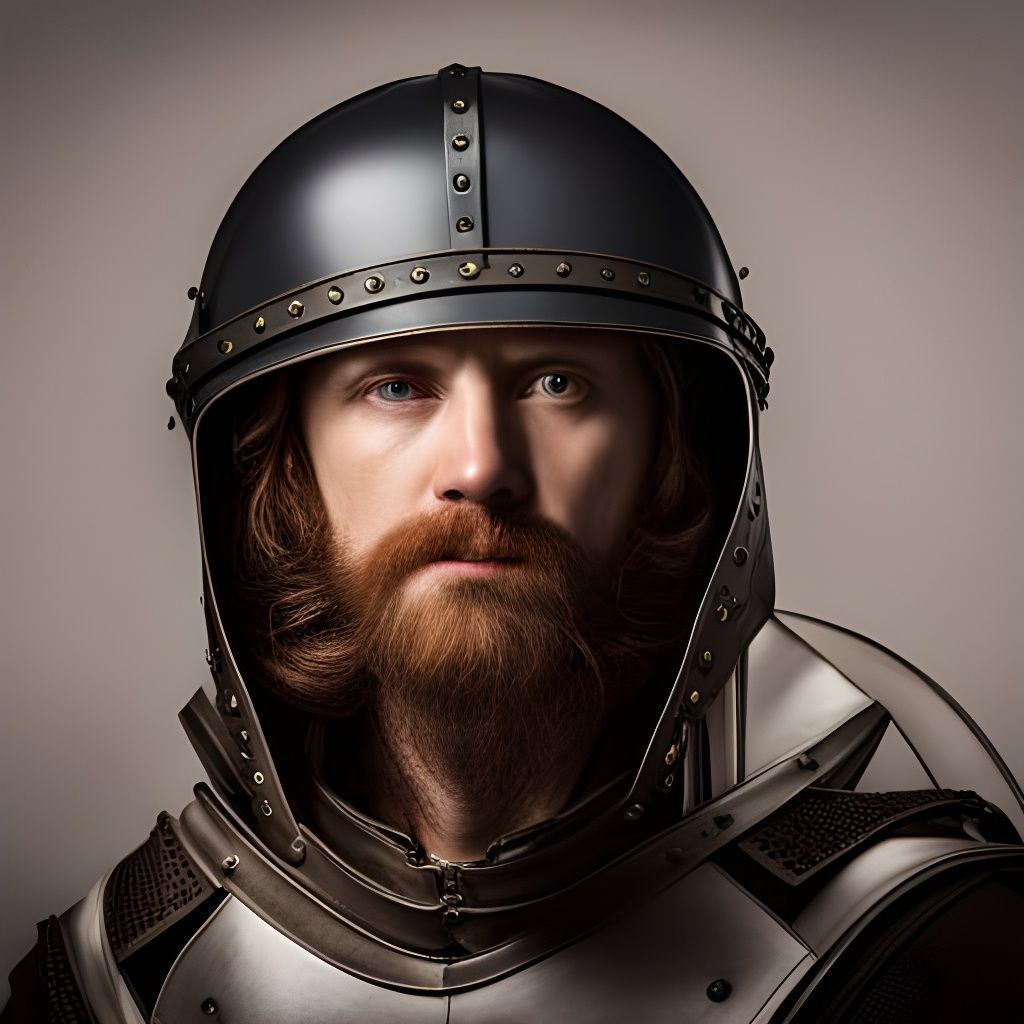 Portrait of a medieval knight with a scar in his face, a beard, wearing ...