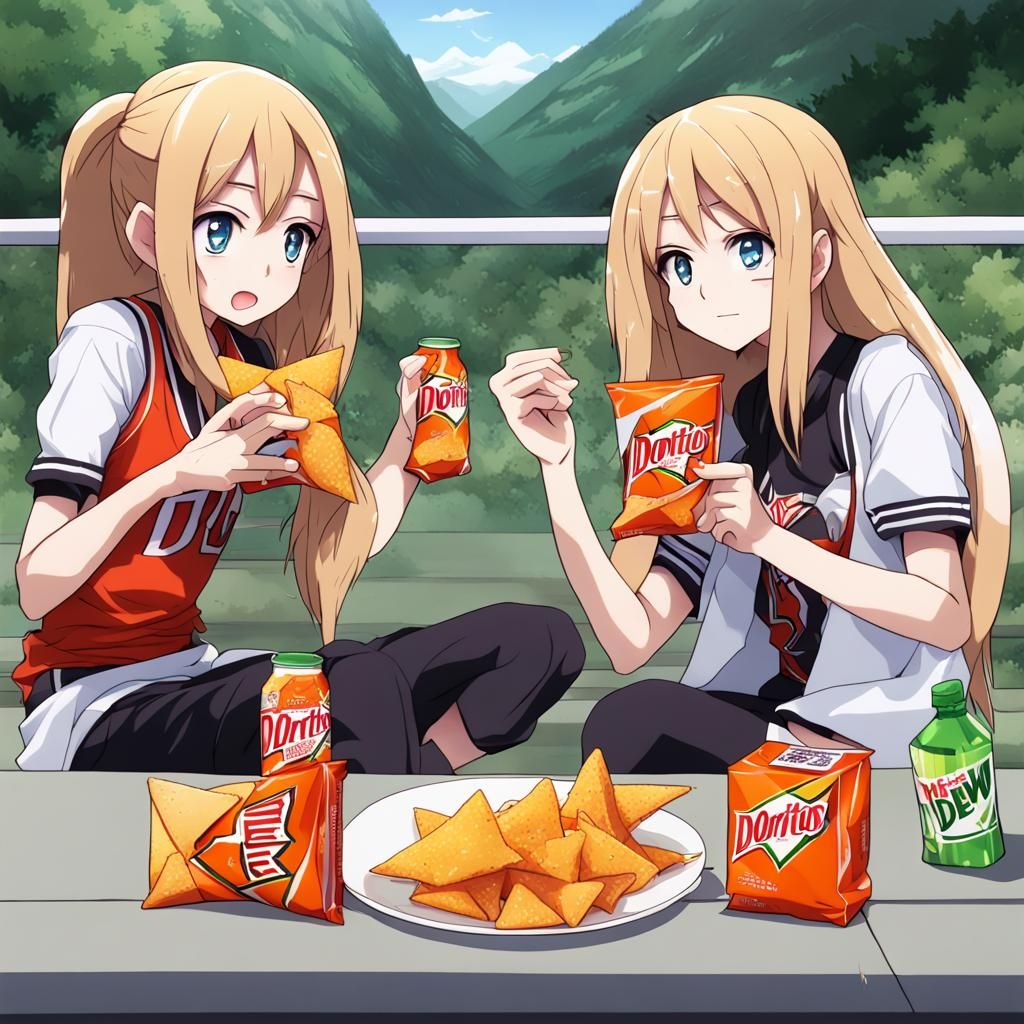 Girls eat doritos and mountain dew - AI Generated Artwork - NightCafe Creator
