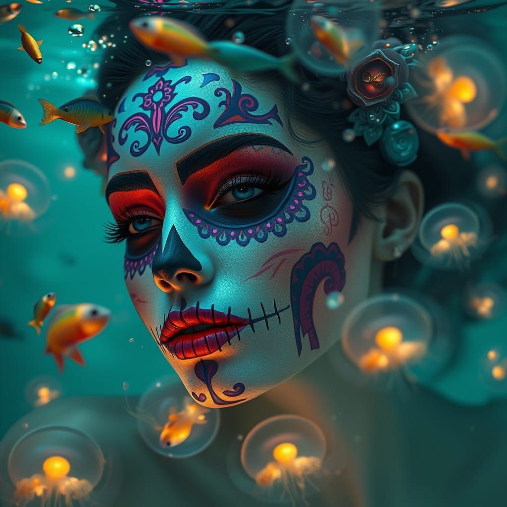 Serenely Adorned Woman Glows Underwater in Dia de ... - AI Art