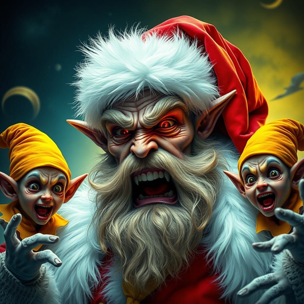 Triadic Color Nightmare: Yellow and Blue Evil Sant... - AI Art