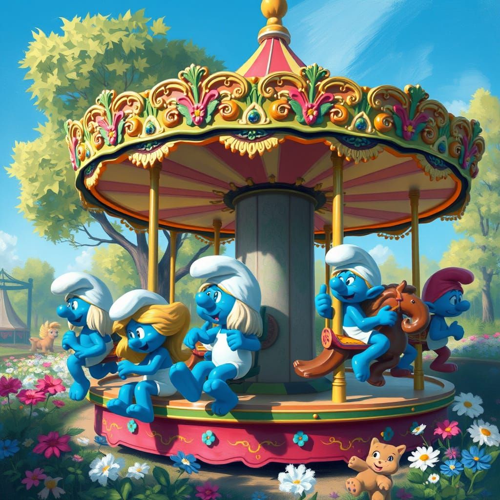 Smurfs Delight in Whimsical Carousel Ride - AI Art