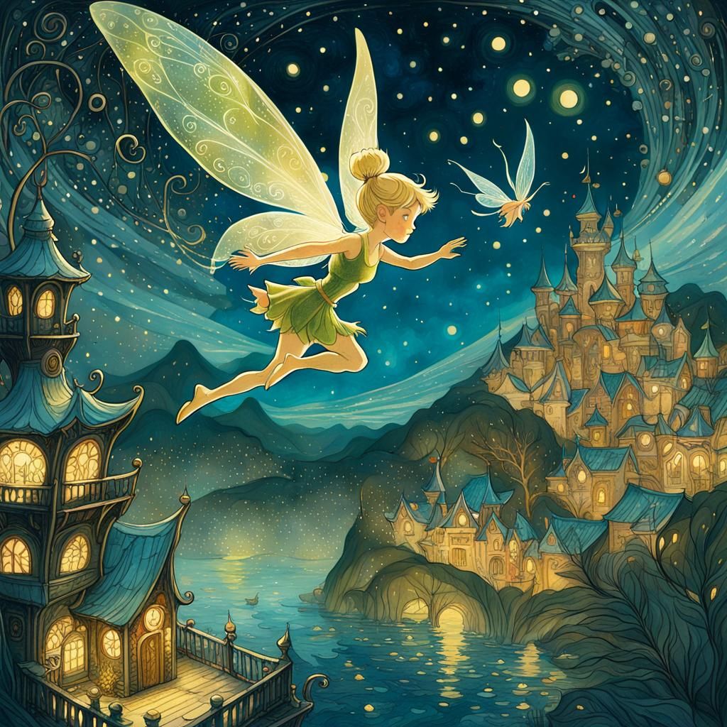 Tinkerbell flying over Neverland by night ; fantasy storybook ...