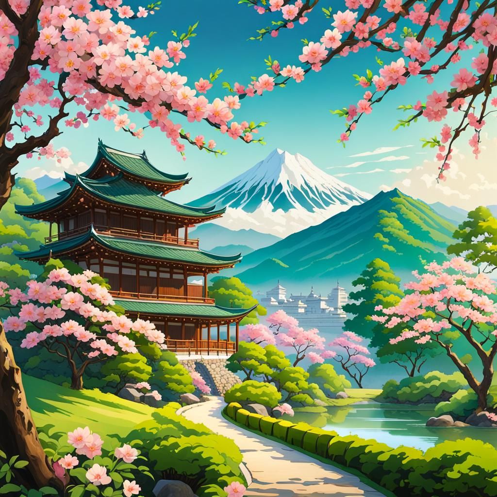 A captivating Japanese landscape, where the serene cherry blossoms ...