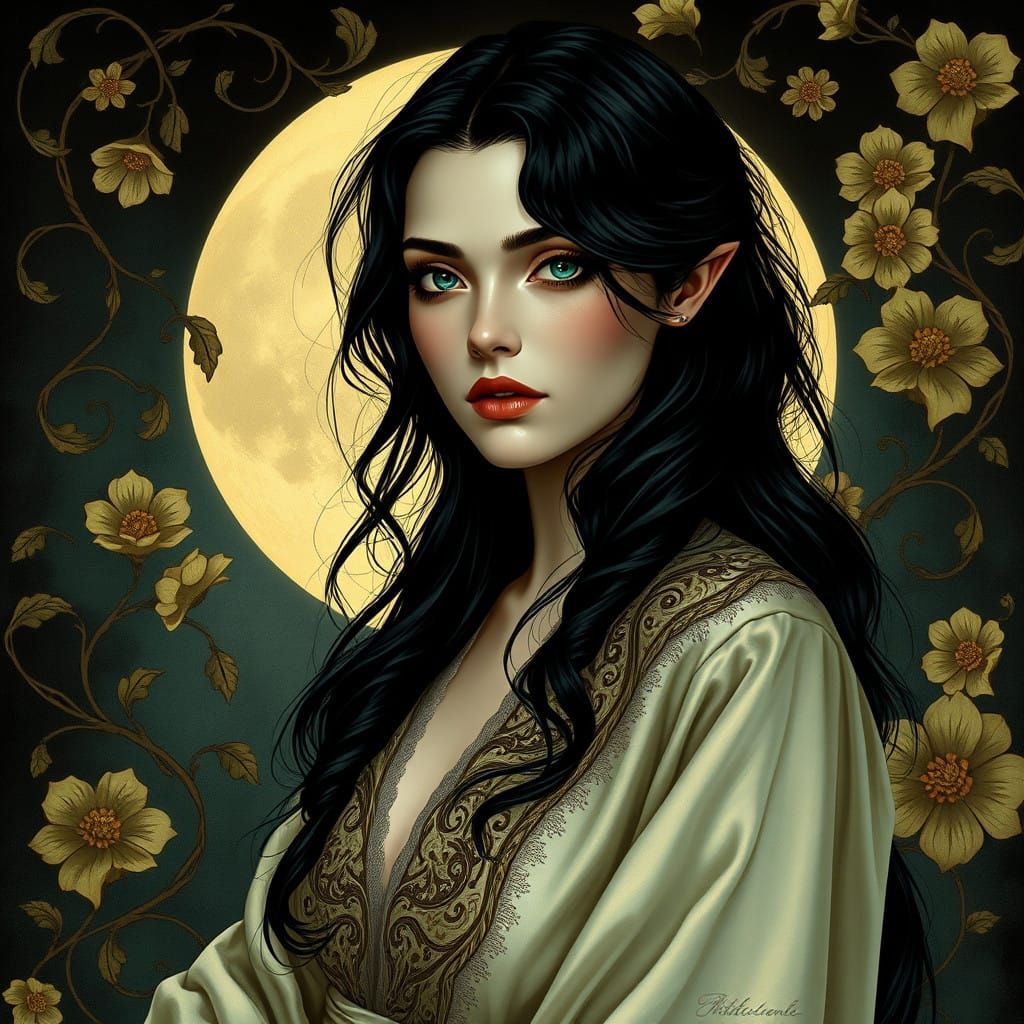 Sensuous Art Nouveau Vampire Queen in Ethereal Moo... - AI Art