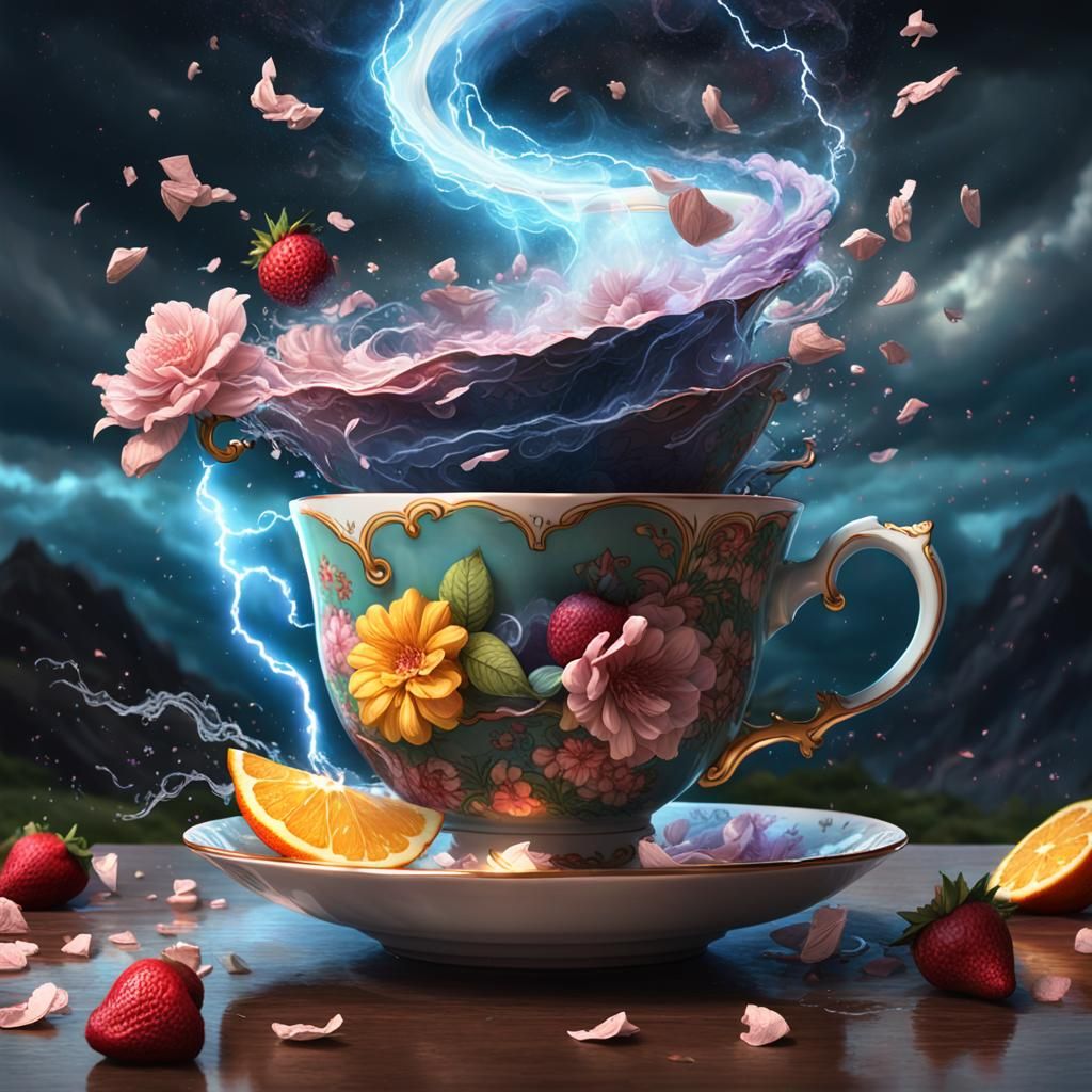stormy teacup, swirling tea tornado, lightning strikes, dark clouds ...