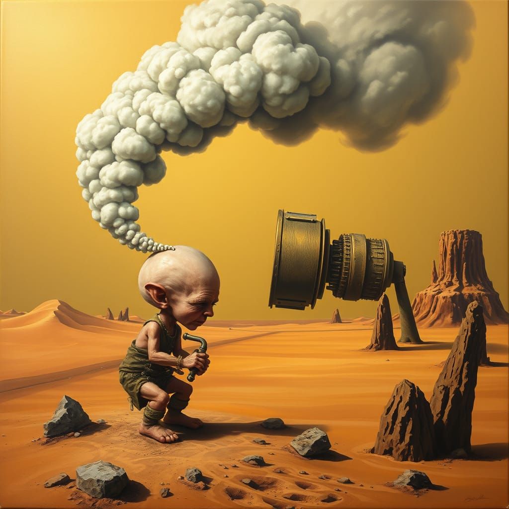 A Dwarf in a Surreal Desert Landscape Operates a M... - AI Art