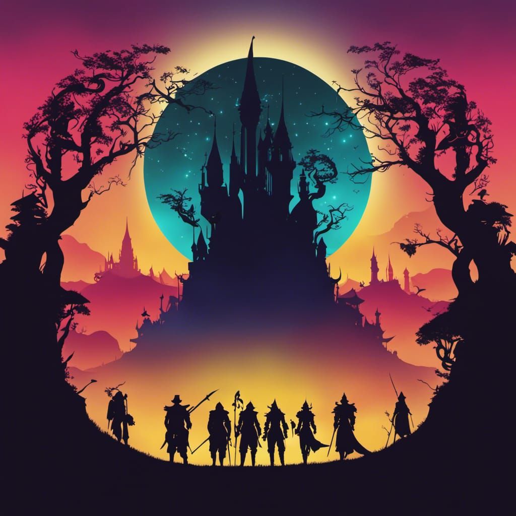 back view of fantasy characters' silhouettes, matte color background ...