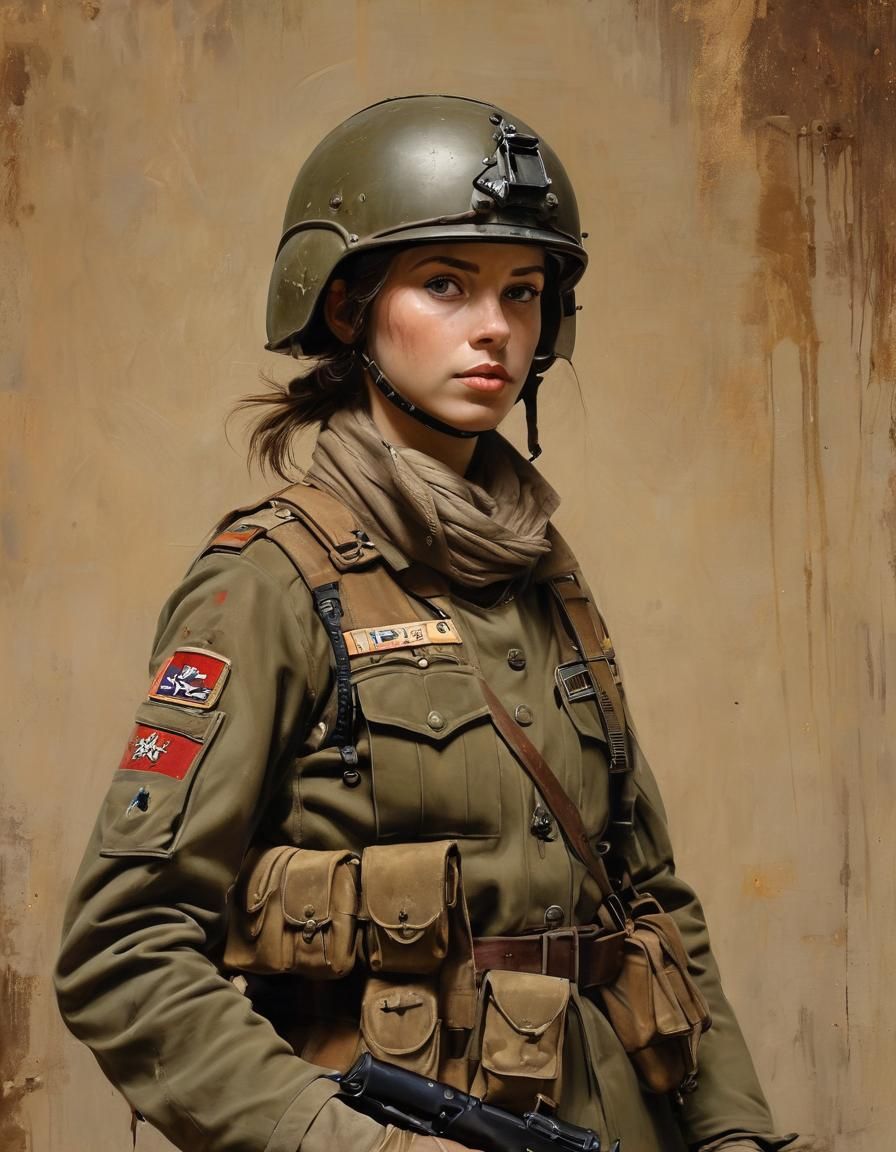 Peacekeeper - Heroic Female Soldier in Urban Battle, Oil on ...
