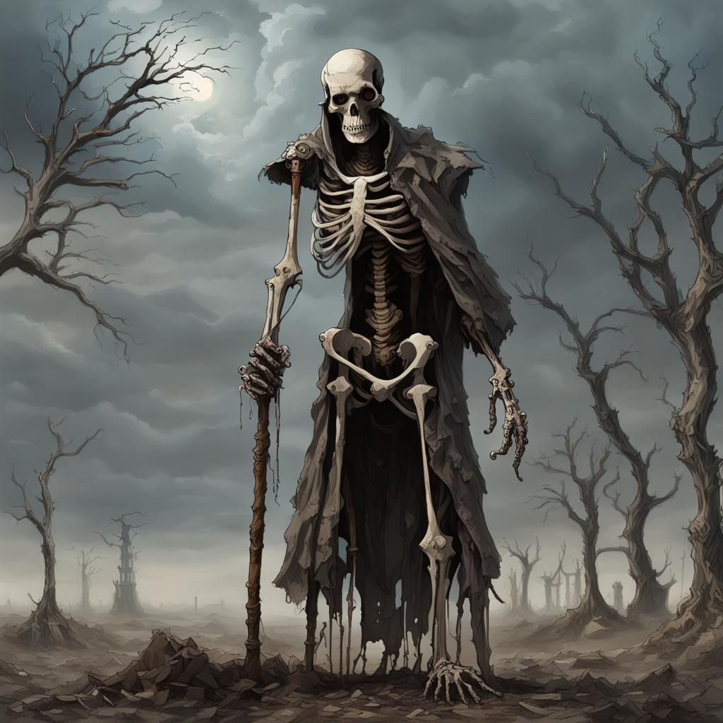 a skeleton warrior wearing tattered robes, with a cane in one hand and ...
