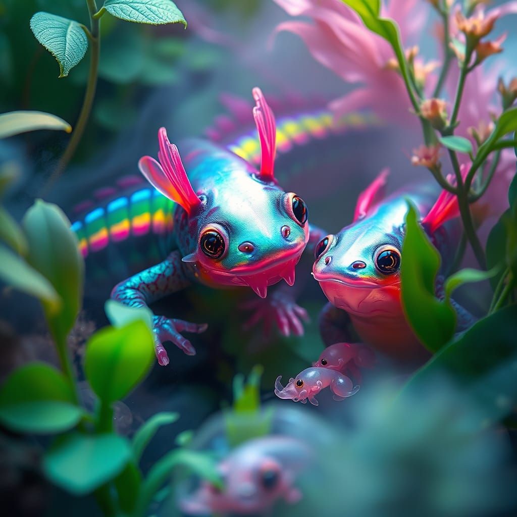 Axolotls Couple - Mystical Axolotl Family in Bio-Luminescent...