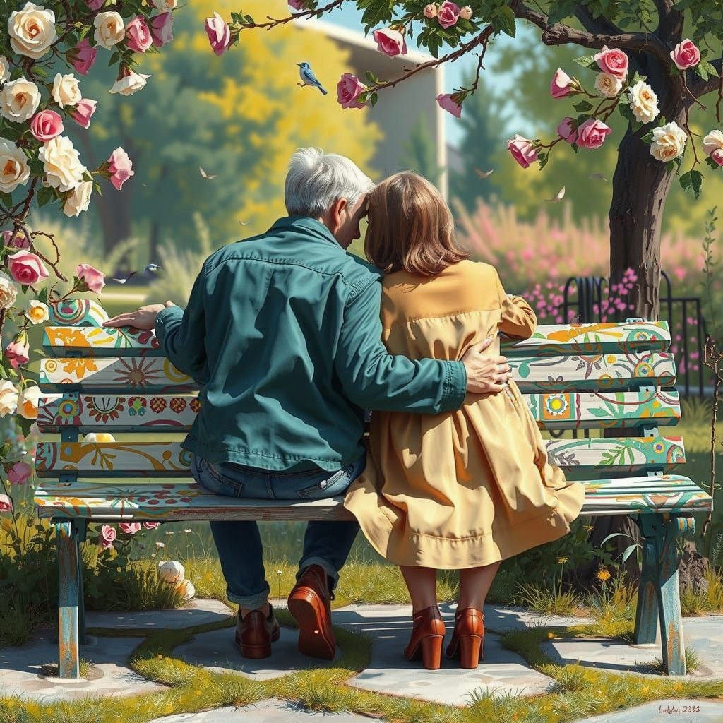 A special backed bench with a beautiful seasoned couple. The bench ...