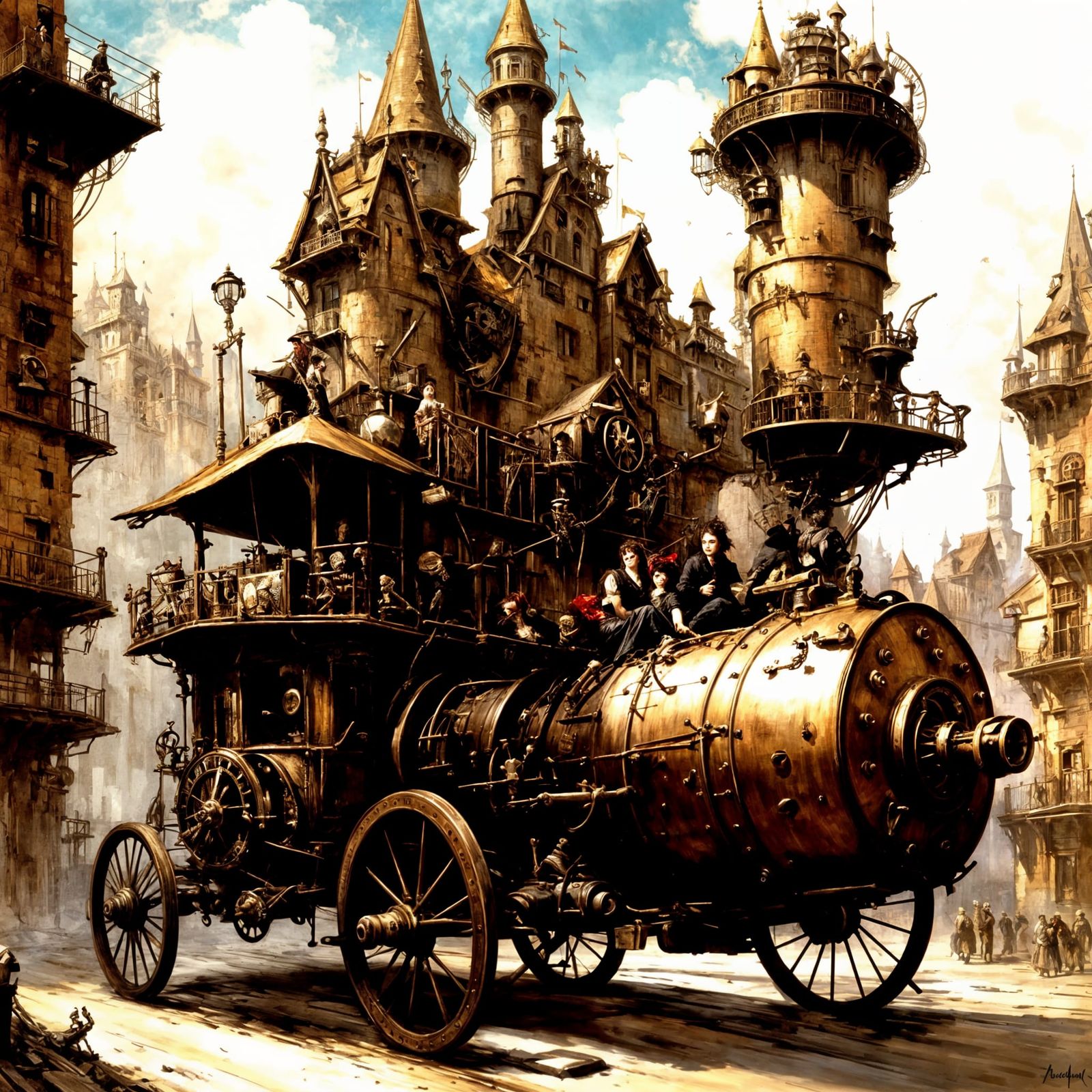 Steampunk wheeled castle by arthur rackham and pino daeni