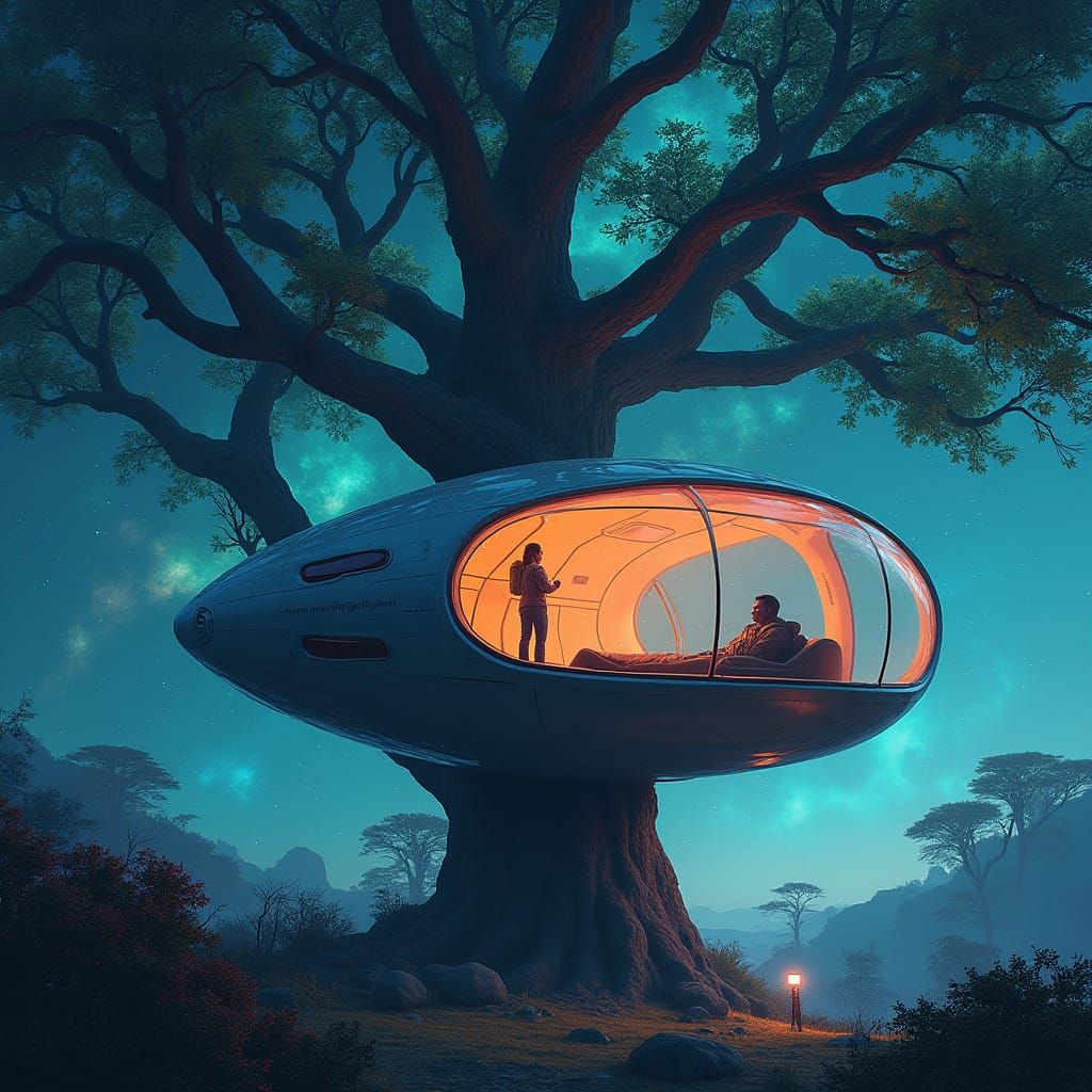 Futuristic Treehouse Pod in Cosmic Bioluminescent ... - AI Art