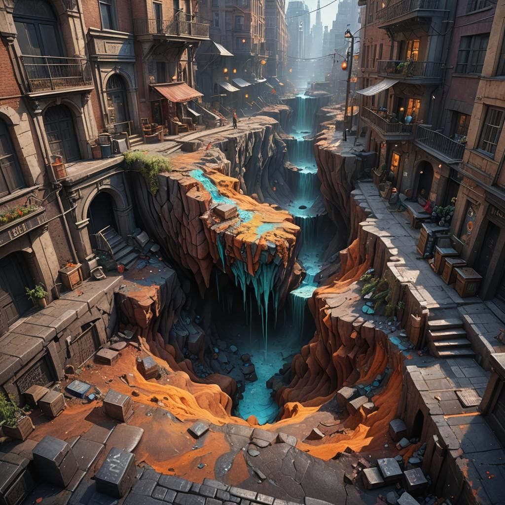 3d depth Chalk art of ground caving in on a city street. - AI Generated ...