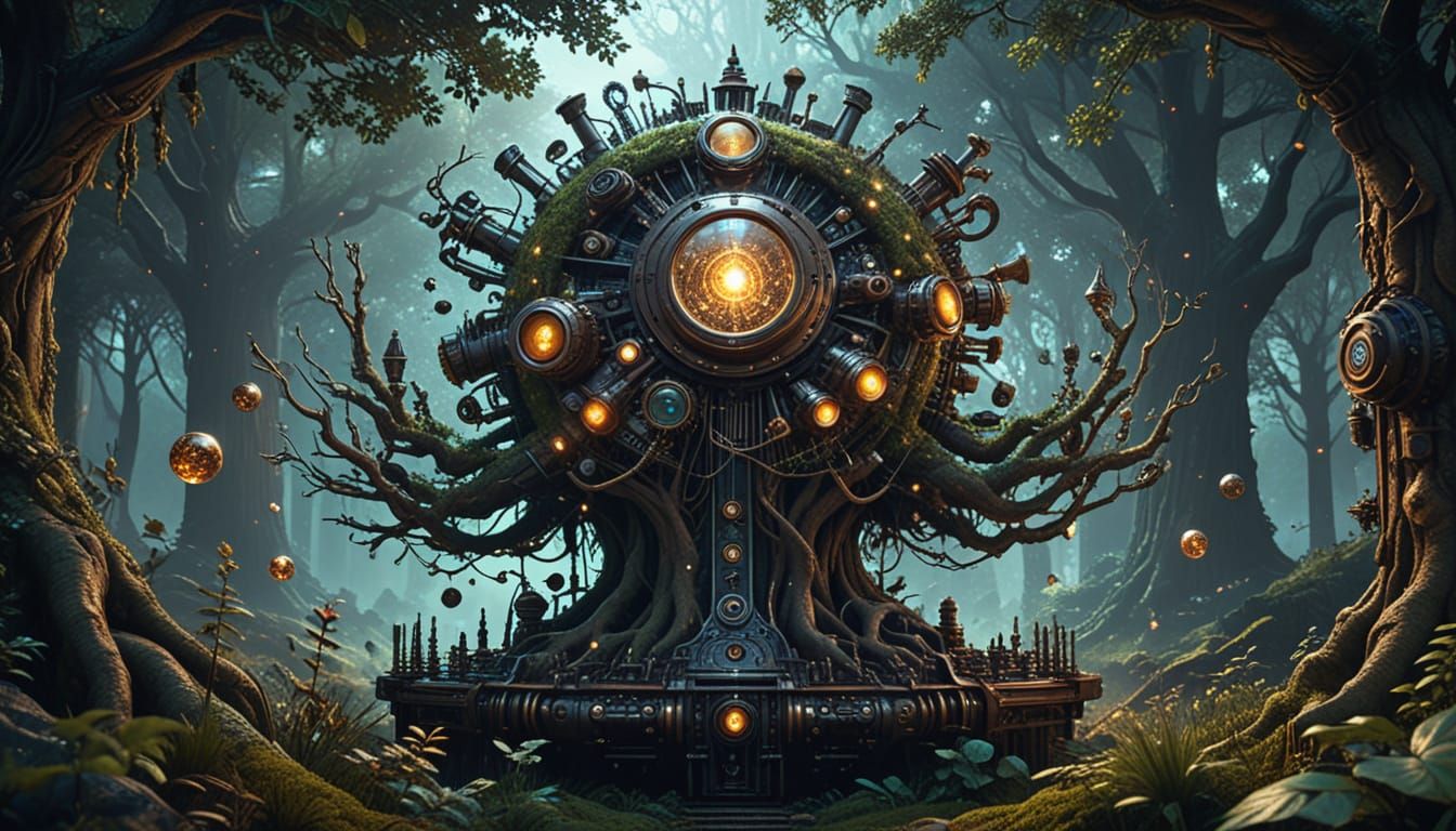 Ancient Tree Synthesizer in Cosmic Steampunk Style - AI Art