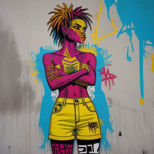 Graffiti Figure of a Grumpy Purple Girl in Yellow Short, covering her chest
