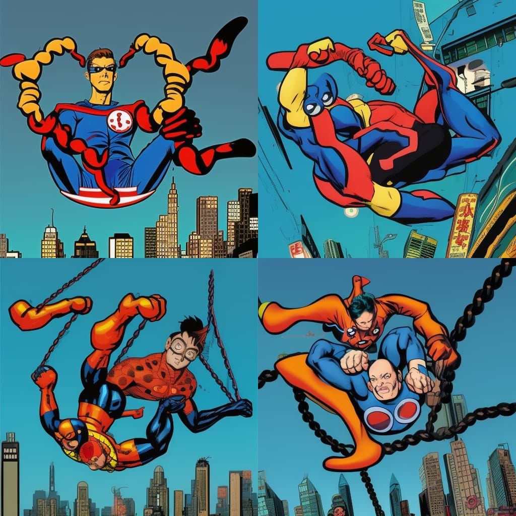 low-canted-angle-view-of-superhero-mascot-Pretzel-Man-flying-over-seedy ...