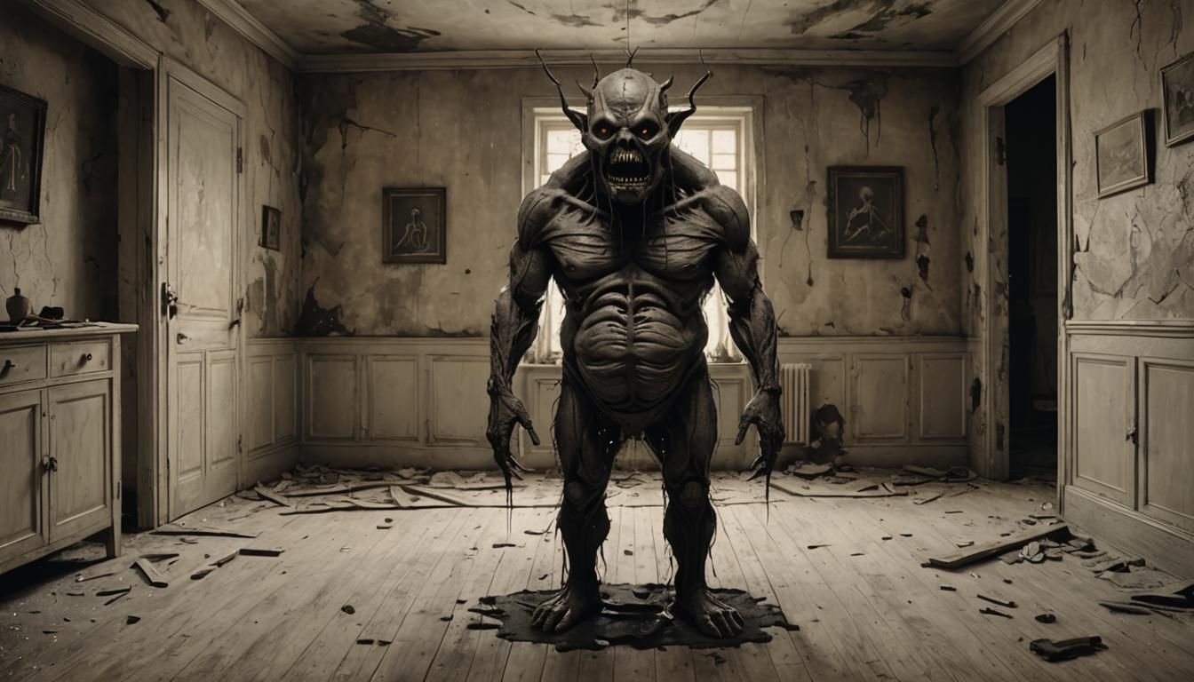 a creepy figure standing in the middle of a room, highly detailed ...