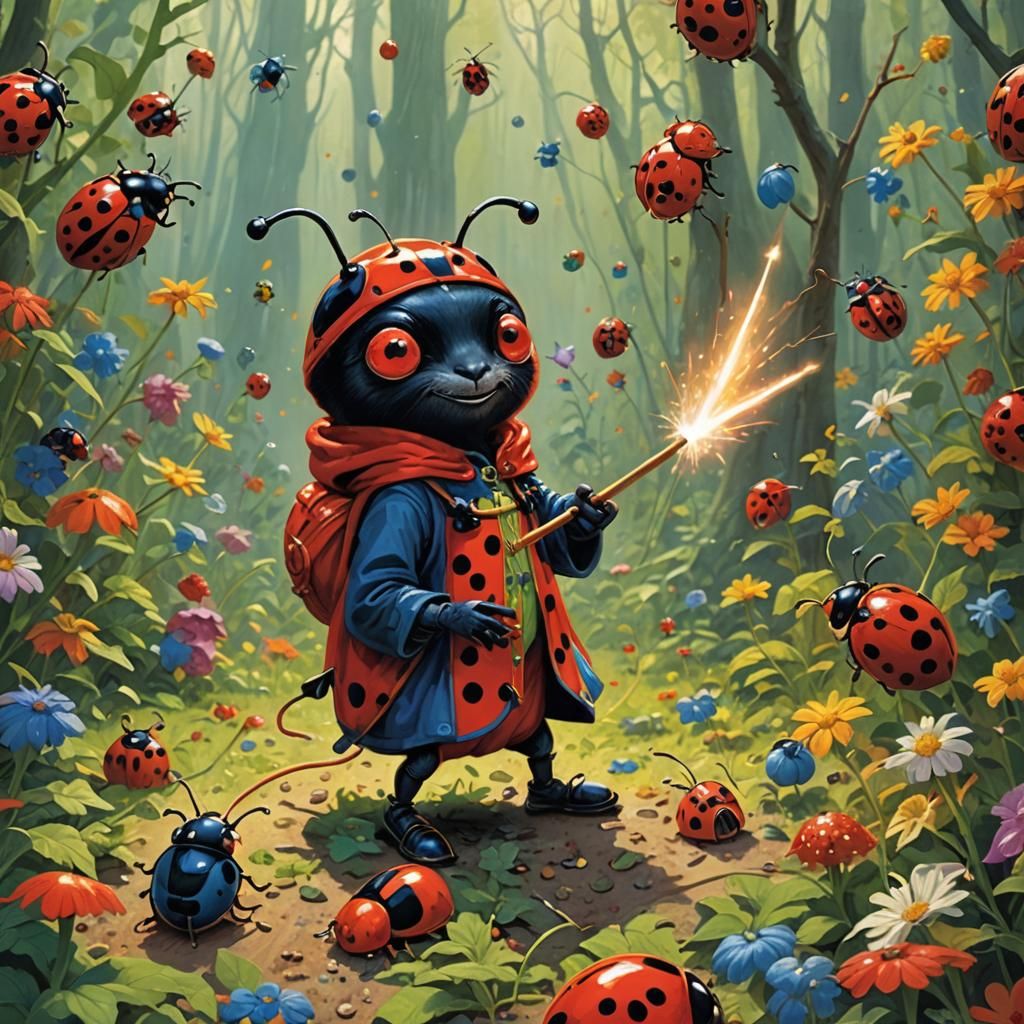 A ladybug with a magic wand, cass as ting spells. Vivid colors. Richard ...