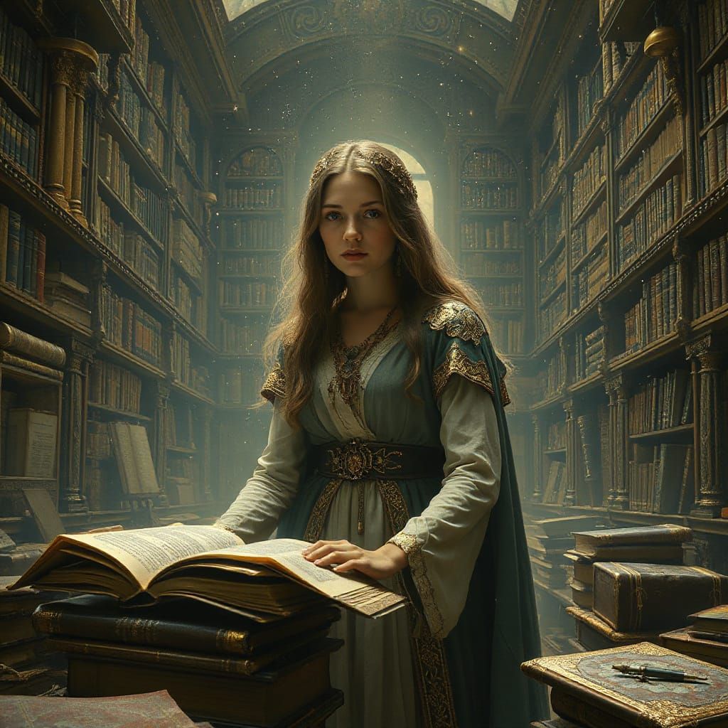 Celestial Library with Ethereal Librarian, Mystica... - AI Art