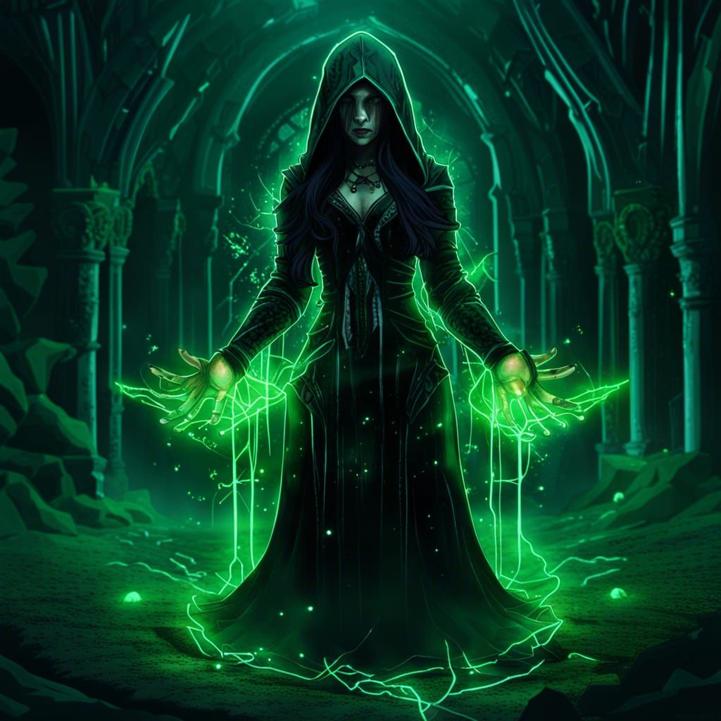 Deadly Glow: A dark-haired necromancer dressed in a black velvet hooded ...