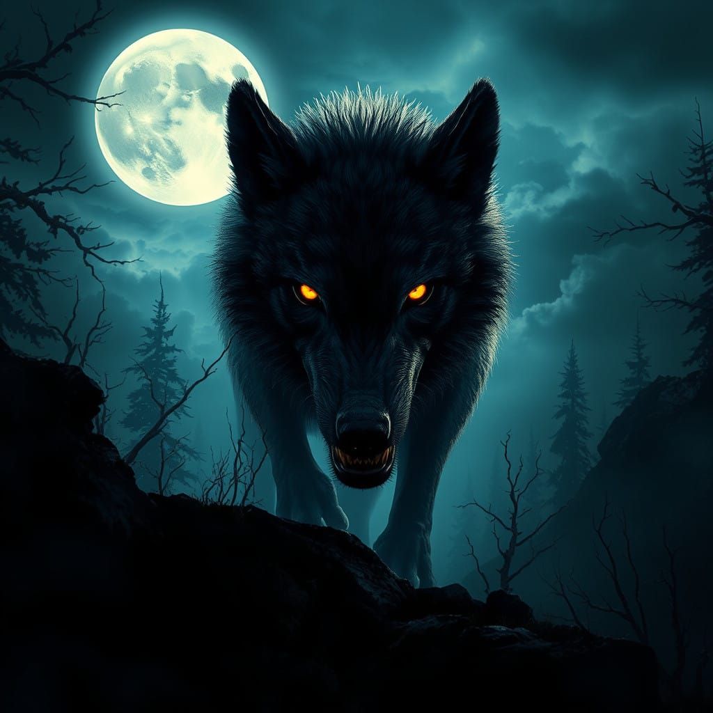 Werewolf's Glowing Eyes Under Lunar Glow - AI Art