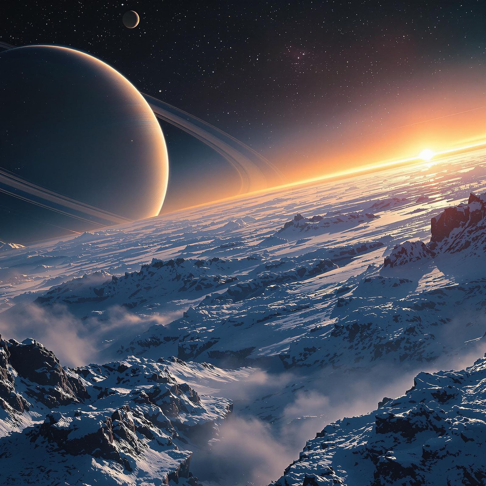 Saturn and its glorious rings are setting over the horizon of Titan