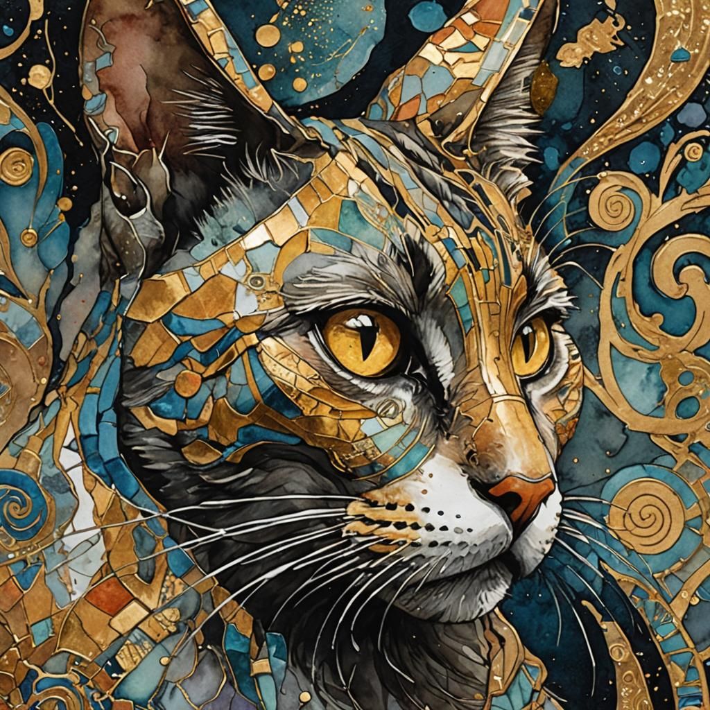 Moebius-Style Kintsugi Cat Portrait in Watercolor - AI Art
