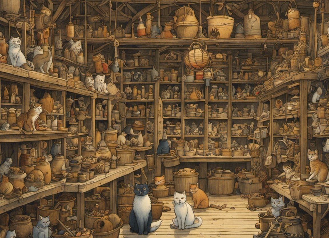 “Cats in an Medieval carpenter tools market”, detailed atmospheric masterpiece, by Mattias ...