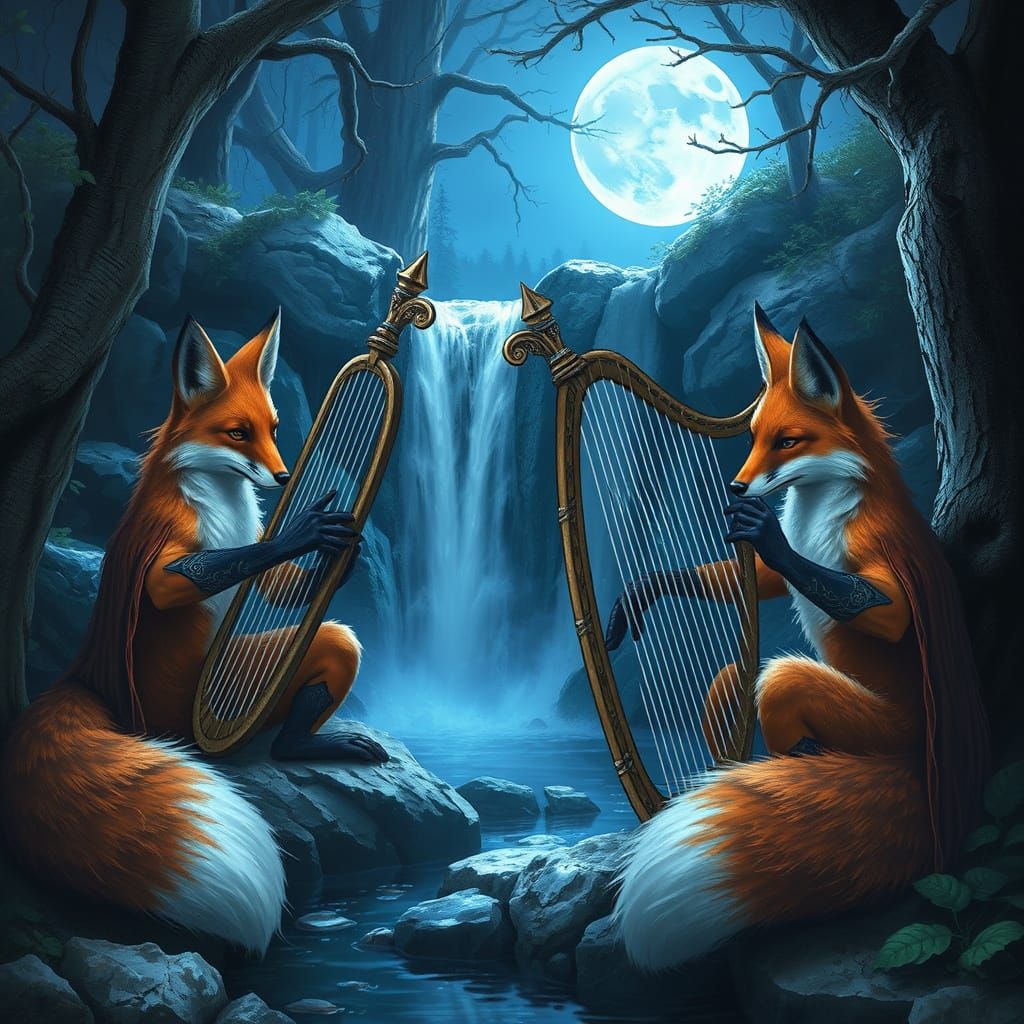 Mystical Foxes Play Harps in Enchanted Grove - AI Art