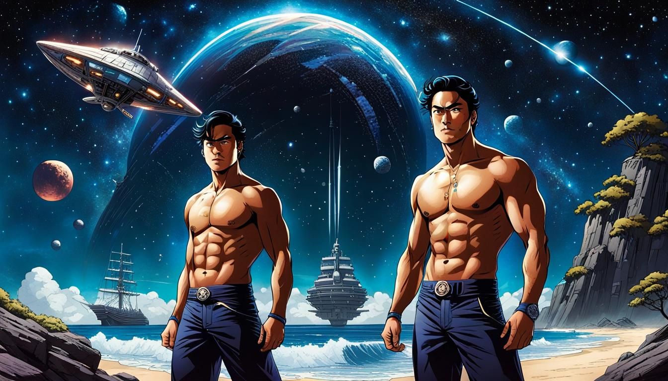 full shot, full body, two intergalactic sailors looking at the camera ...