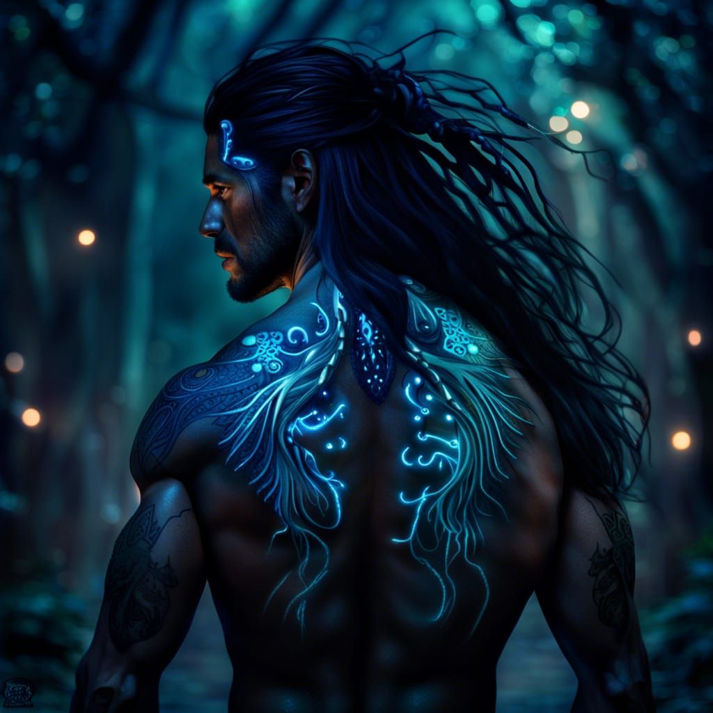 bioluminescent dark fae, man, warrior, strong, shirtless , long black ...