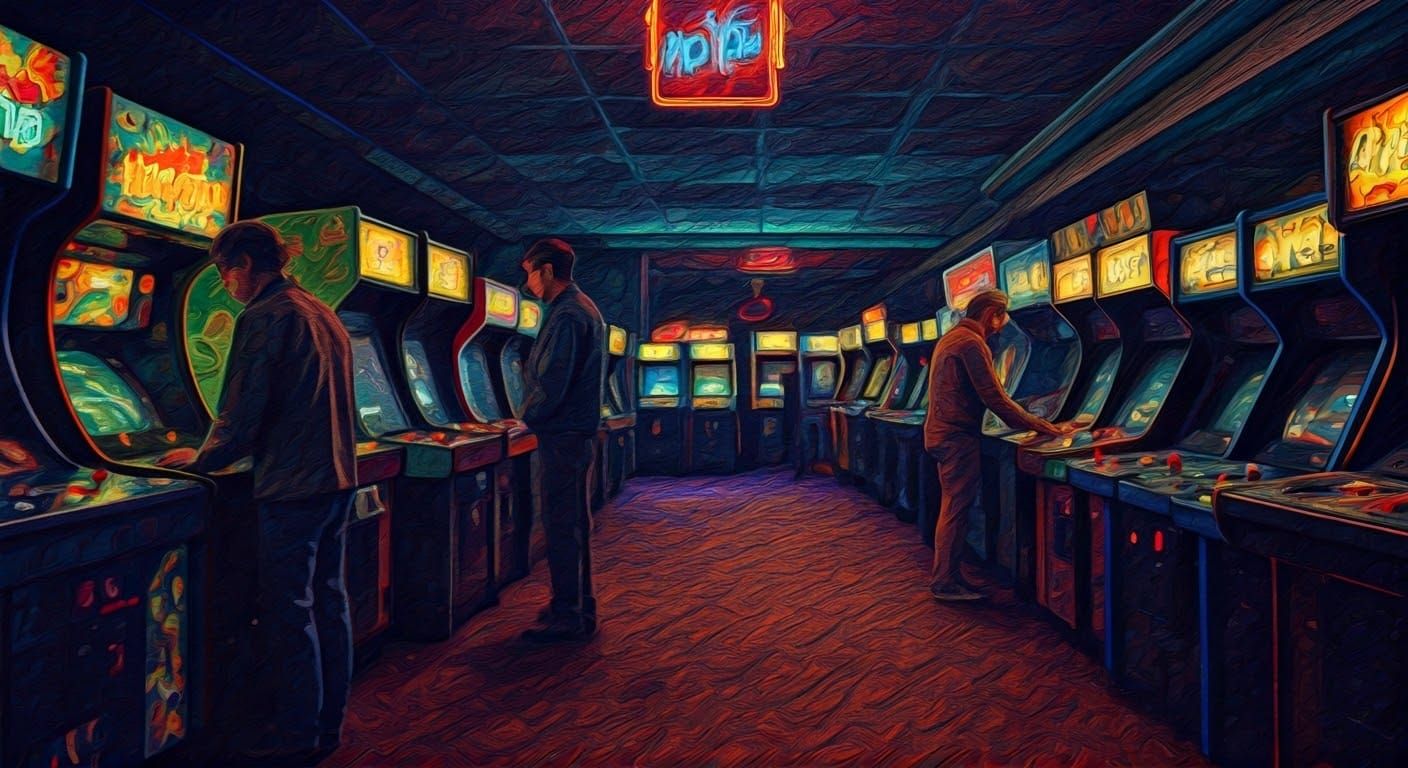 Retro Arcade Scene in Moody Oil Painting - AI Art