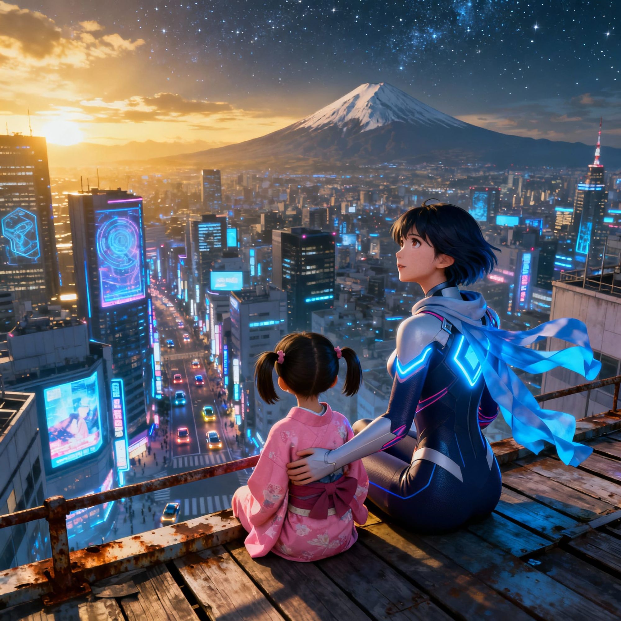 Anime Superhero Duo Overlooking Tokyo Rooftop - AI Art