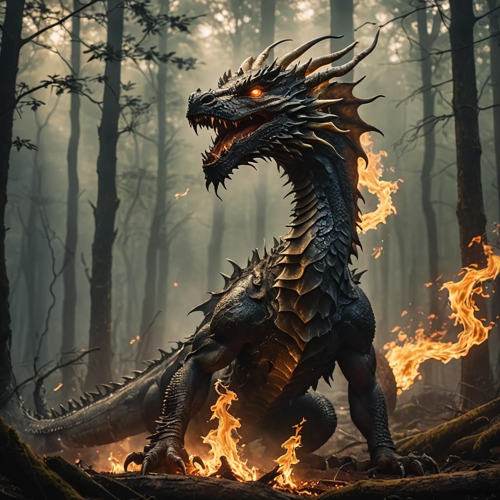 Fiery Spirit - A Majestic Dragon Emerges from the Fierce Mis...