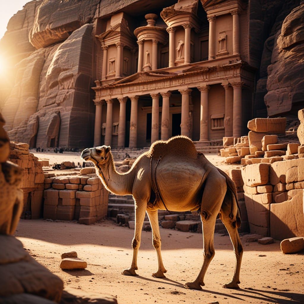 Dromedary in Petra's Theater Necropolis at Golden ... - AI Art