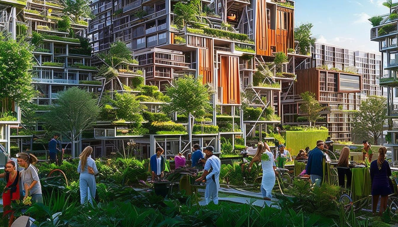 Urban farming in solarpunk lowrise living building neighborhood with ...