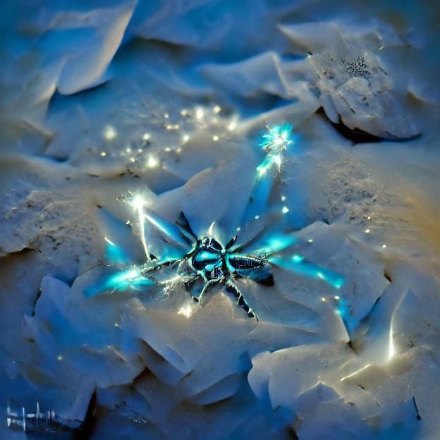 A detailed oil painting of a bioluminescent snowflake. Macro lens ...