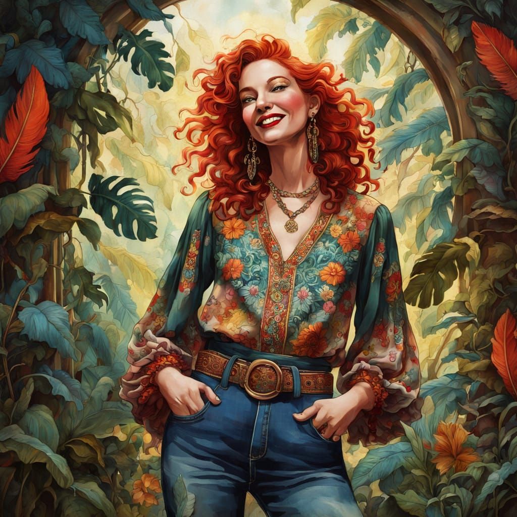 Retro-Gypsy Goddess in Vibrant, Whimsical World - AI Art
