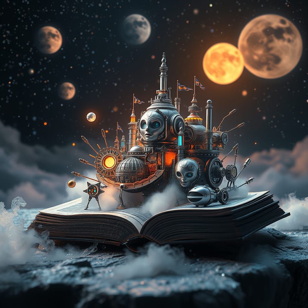 Miniature science-fiction world out of an open book, moons and stars ...