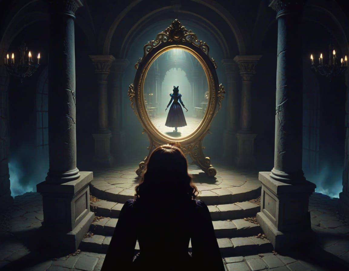 Evil Queen Approaches the Enchanted Mirror in a Da... - AI Art