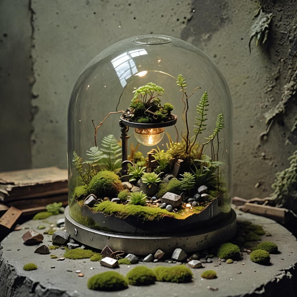Post-Apocalyptic Terrarium Lamp with Bioluminescen... - AI Art