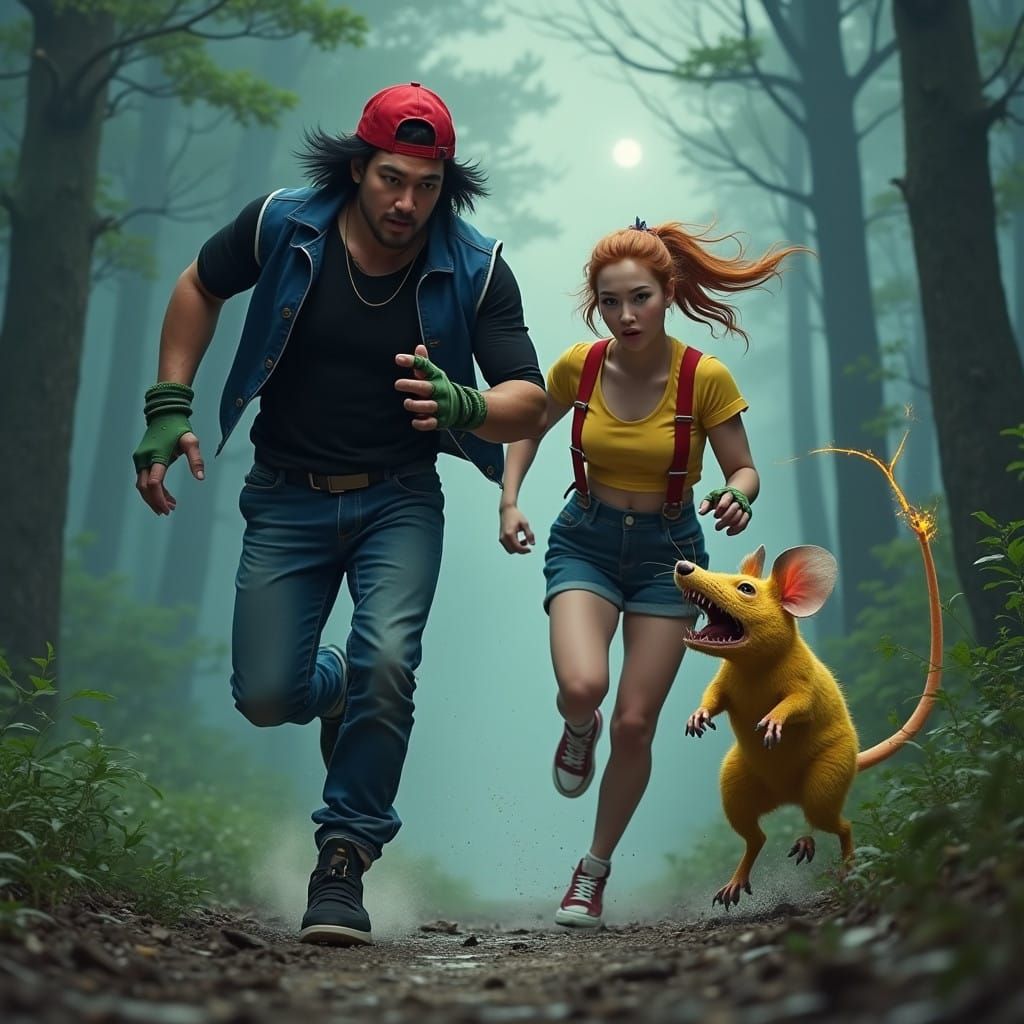 Ash Ketchum and Misty being chased by a rabid Pikachu