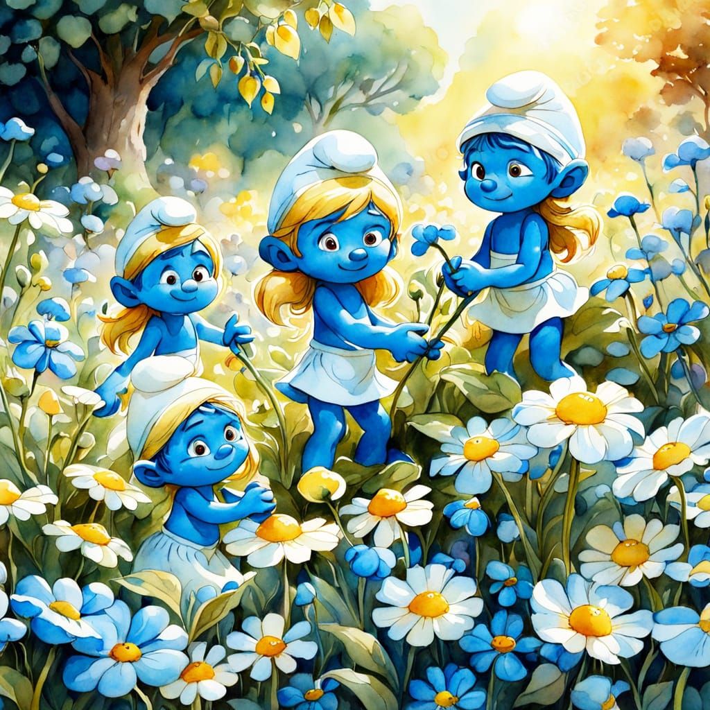 Smurfs Working in a Watercolor Flower Garden - AI Art