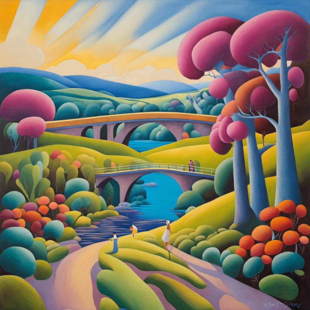 Happy landscape with a bridge over a joyous river by Alan Kenny - AI ...