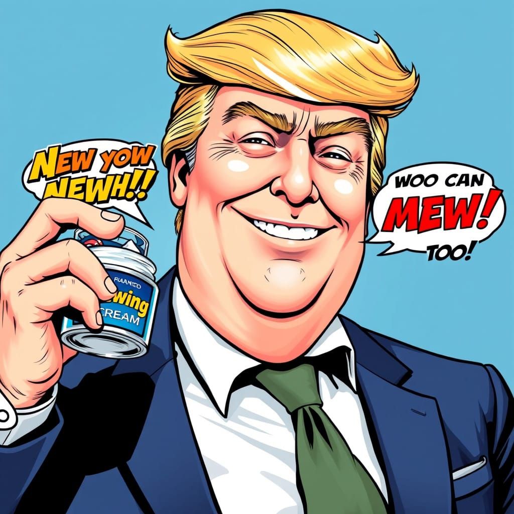 Donald Trump is in a commercial for "Mewing Cream" he holds the cream ...
