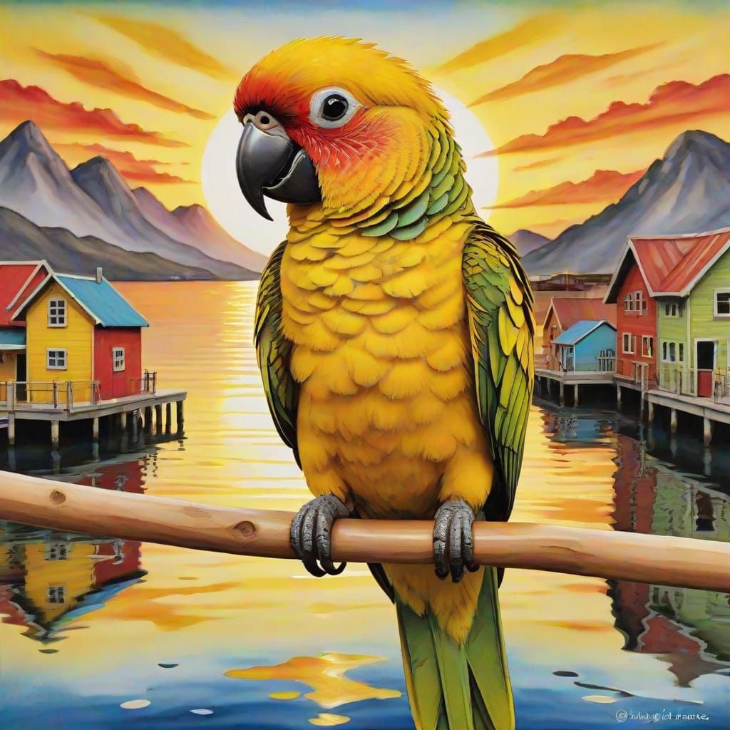 Harbor Sunrise Encaustic Zendoodle yellow Conure f... - AI Art