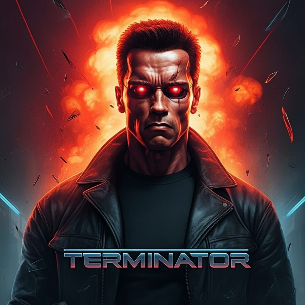 cinema poster, Vertical text "Terminator", showing Arnold ...