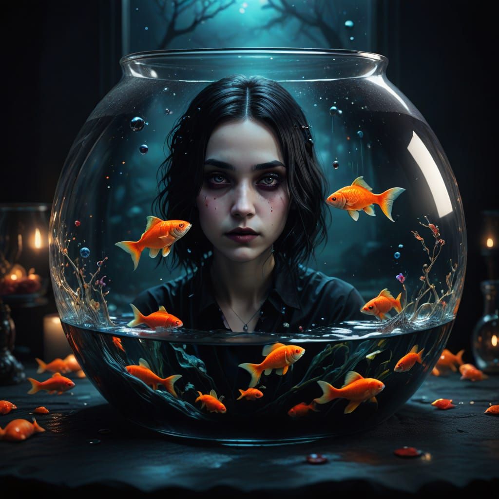 surreal (photorealistic)of a goth woman, swimming in black Emo fish ...